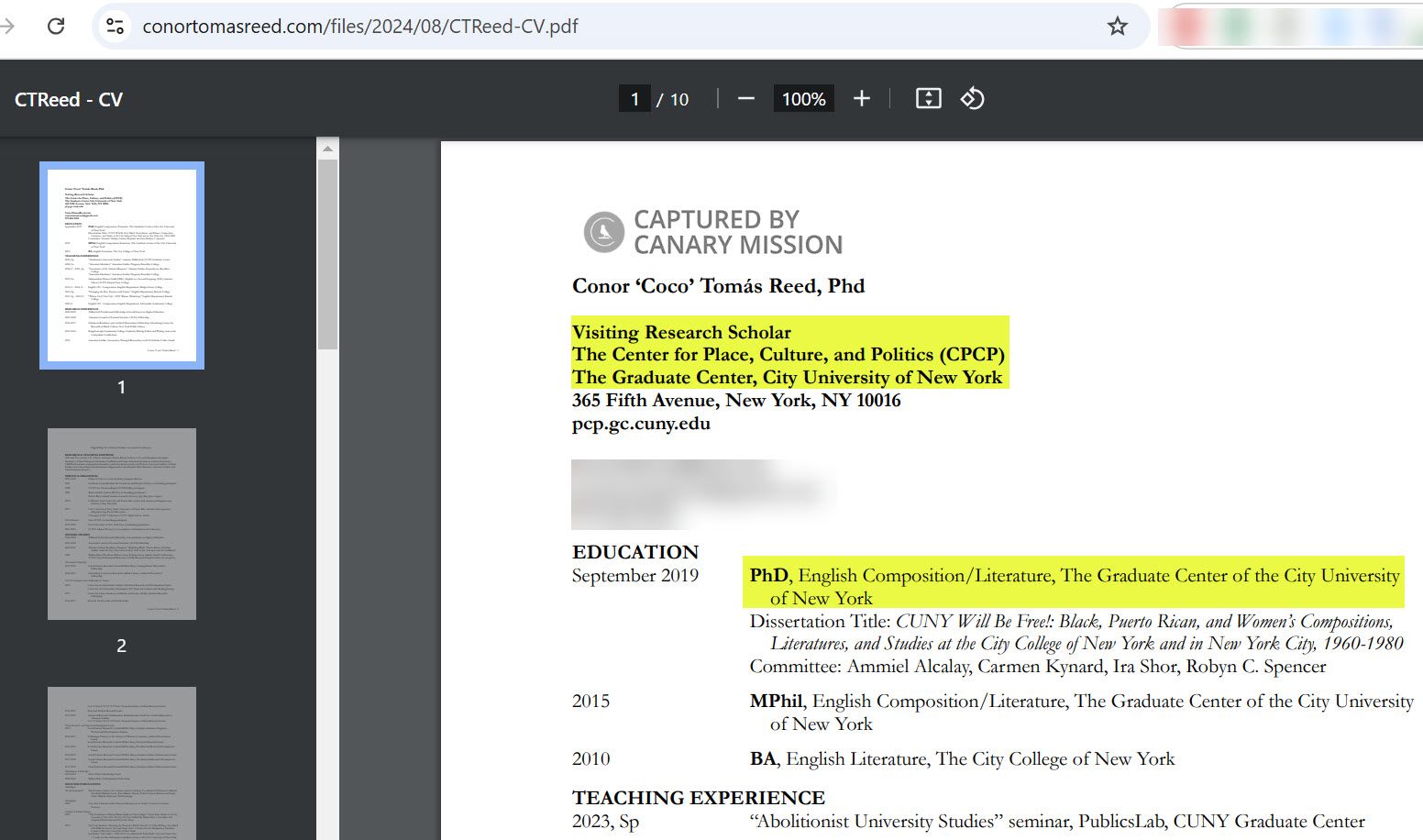 Conor Tomas Reed - Canary Mission